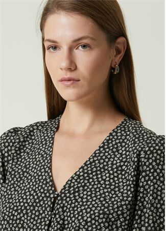 Beymen Club Kadın Siyah V Yaka Çiçekli Uzun Kol İpek Bluz S